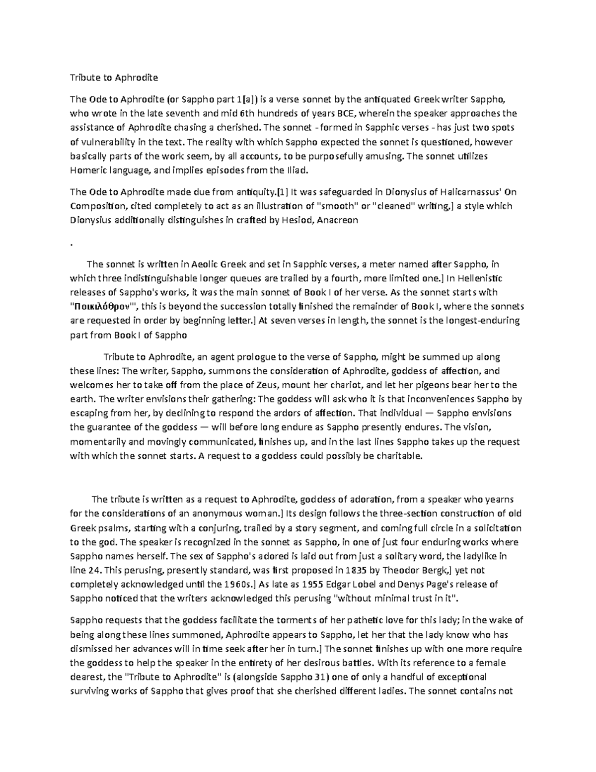 Third sem poem summaries - Tribute to Aphrodite The Ode to Aphrodite ...