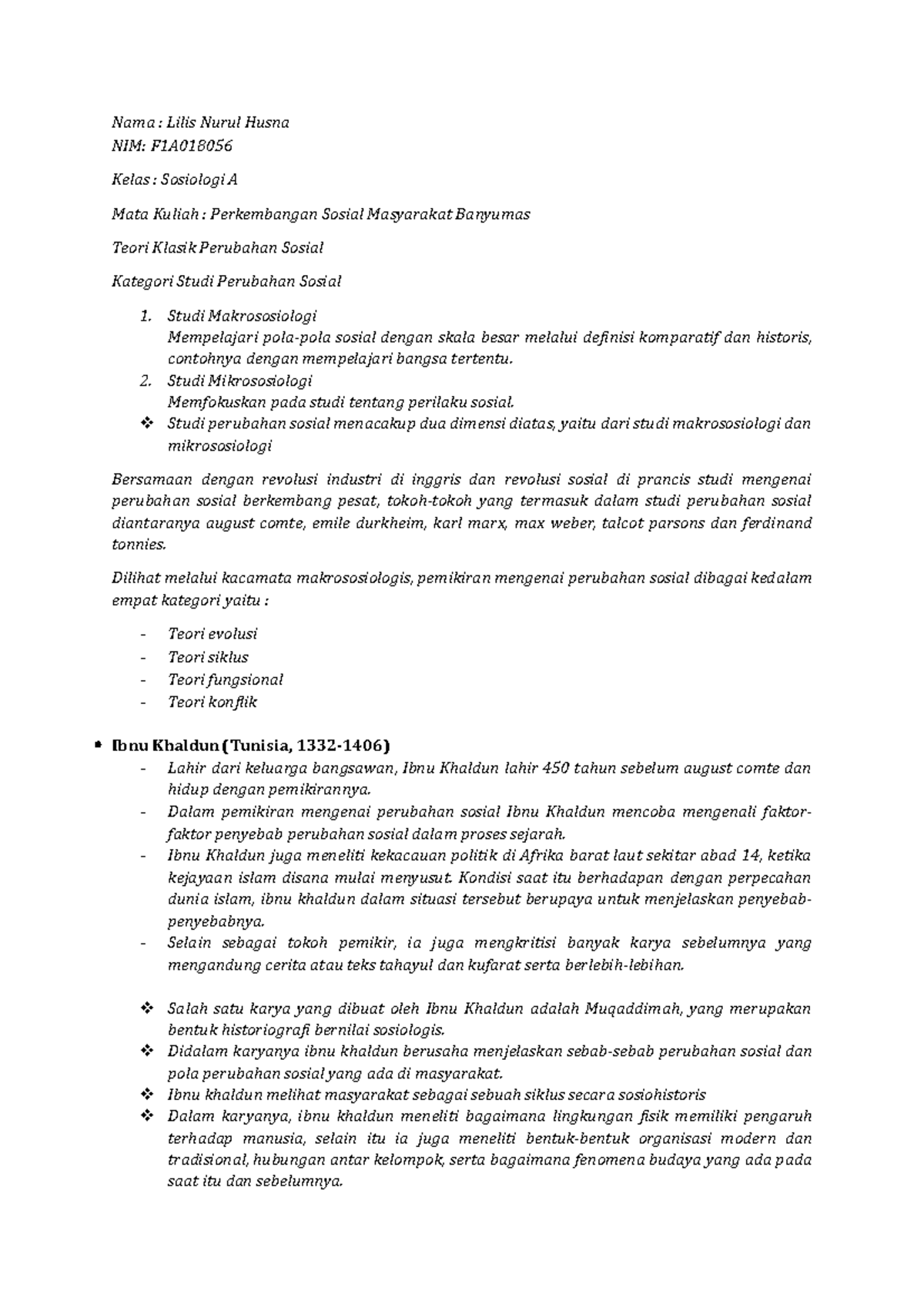 Teori Klasik Perubahan Sosial - Nama : Lilis Nurul Husna NIM: F1A Kelas ...