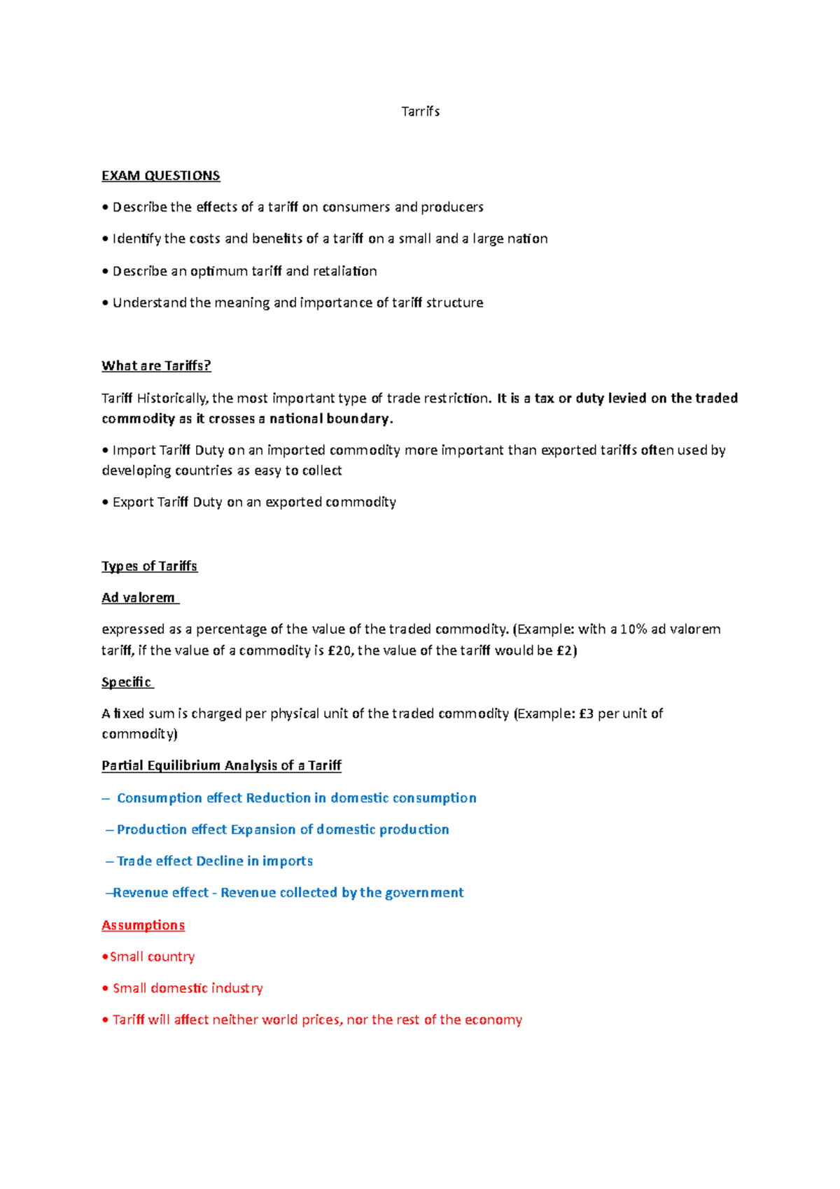 Tariffs - Lecture notes 9 - Tarrifs EXAM QUESTIONS Describe the effects ...