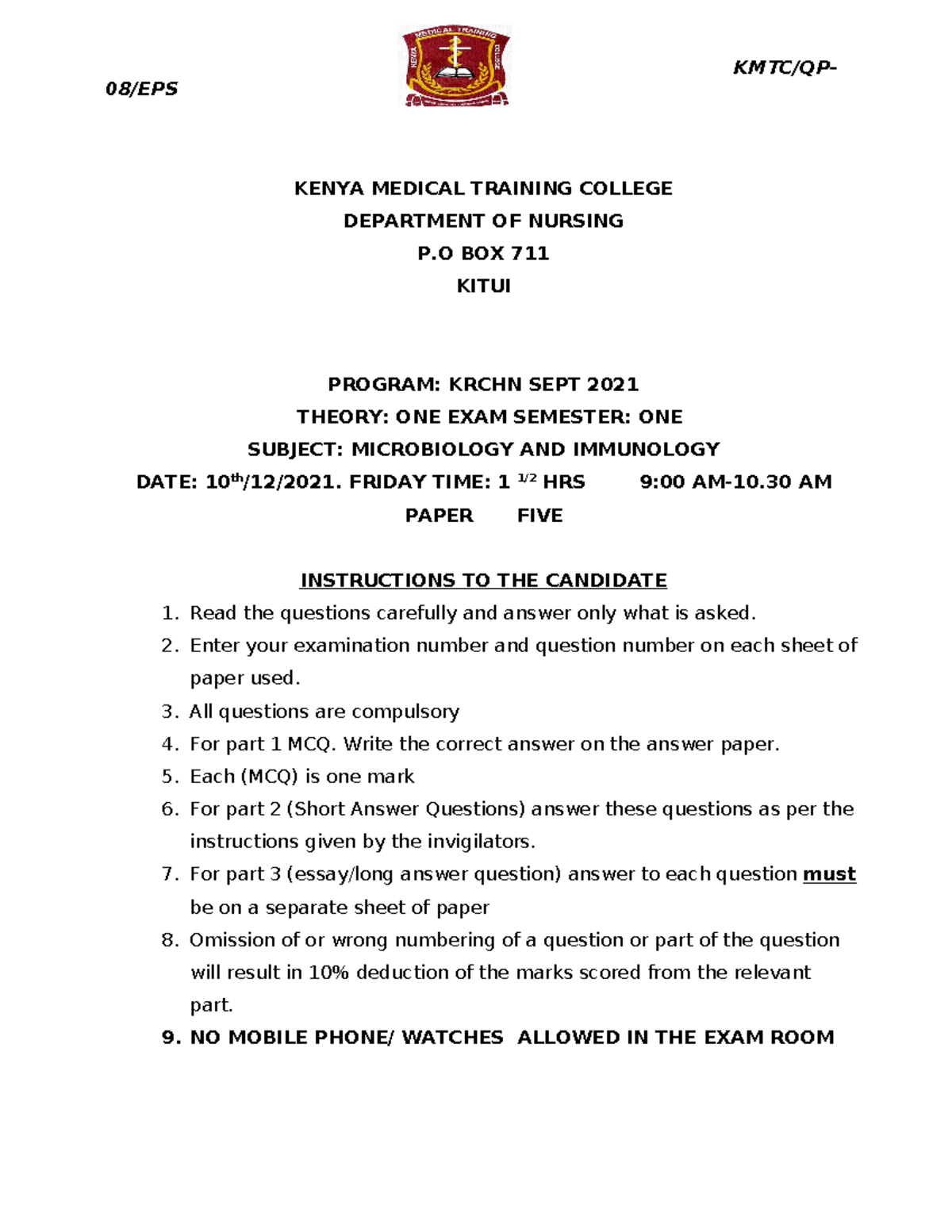 Microbiology AND Immunology FOR SEPT 2021 Classes - KMTC/QP- 08/EPS ...