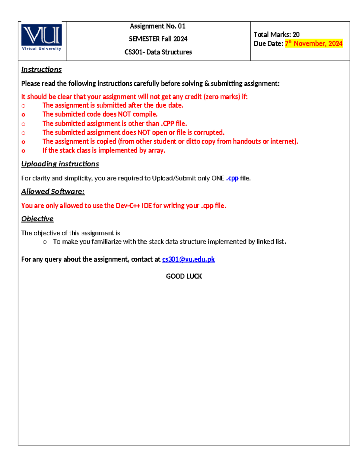 Fall 2024 Cs301 1 None Assignment No 01 Semester Fall 2024 Cs301