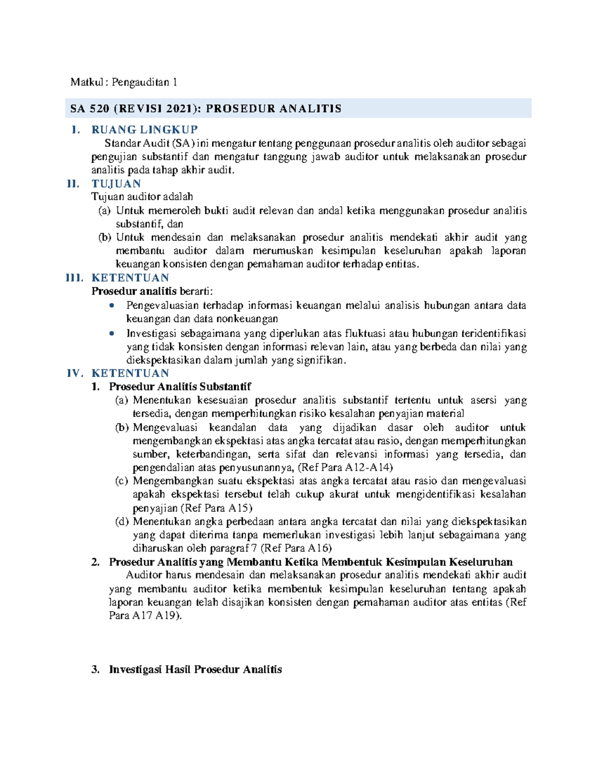 Resume Standar Audit 520, 530 (Revisi 2021) - Matkul : Pengauditan 1 SA 520 (REVISI 2021 ...