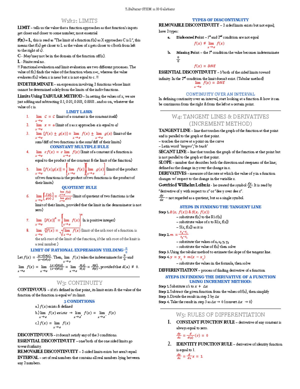 Q3 BCal - Reviewer for Basic Calculus. - T-STEM 11 H-Galatians W1&2: LIMITS LIMIT – tells us the ...