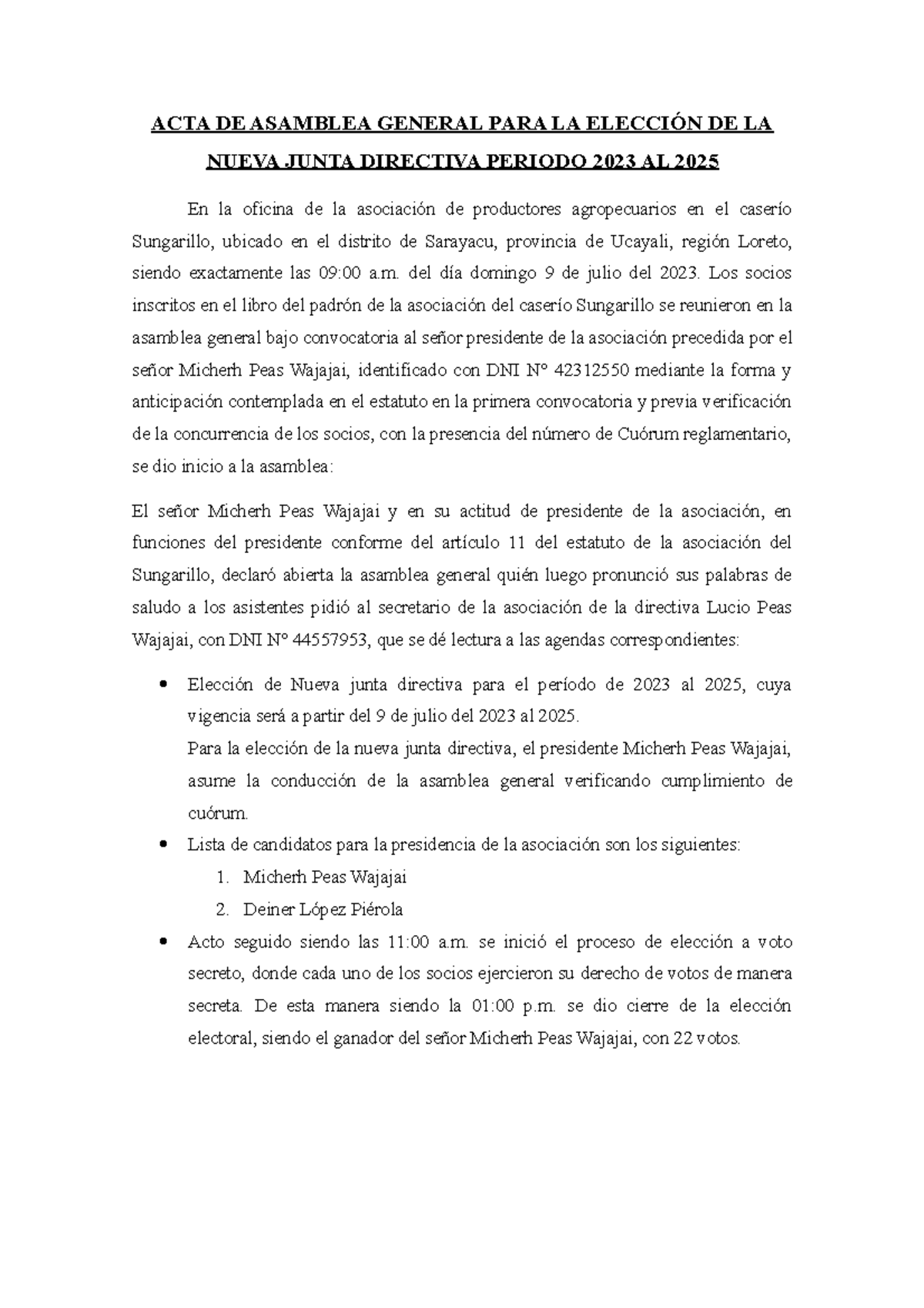 ACTA DE Asamblea General PARA LA Elección DE LA Nueva Junta Directiva Periodo 2023 AL 2025 - Studocu