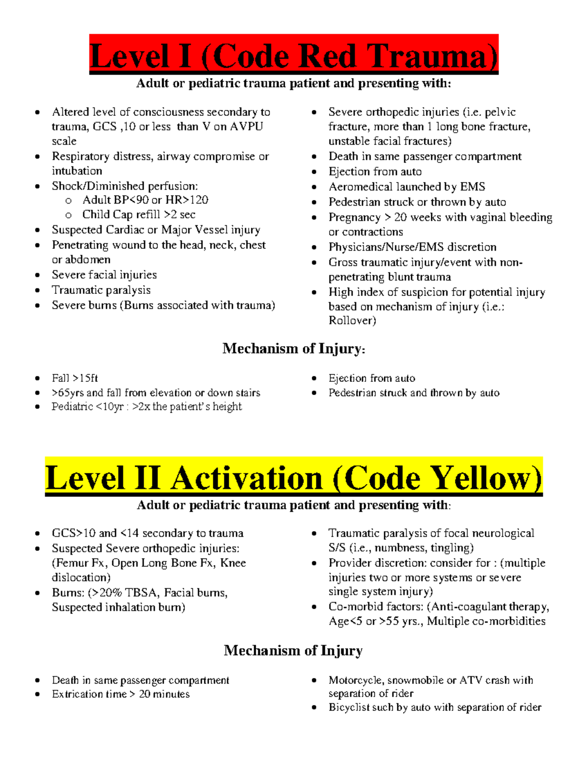 Satanta Level I and II Cheat Sheet (PDF) - Level I (Code Red Trauma) Adult or pediatric trauma ...