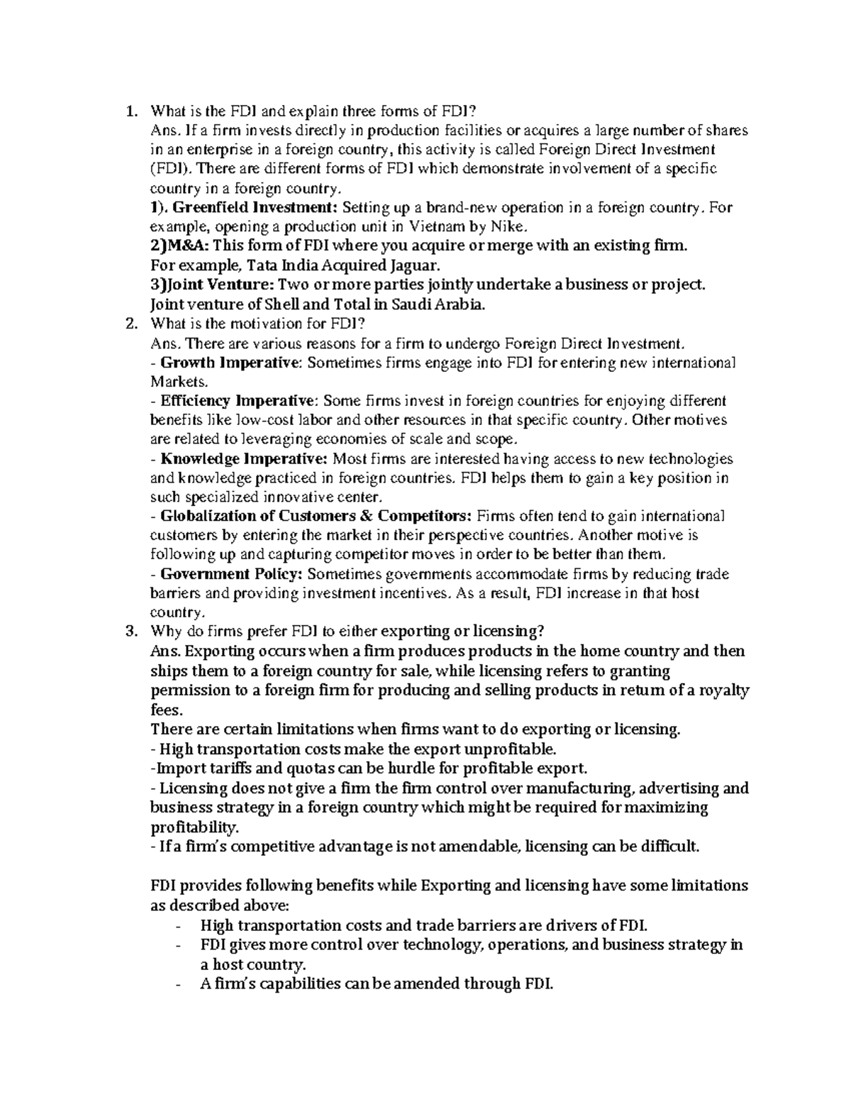 Ib week 7 Memo 22222 - What is the FDI and explain three forms of FDI ...