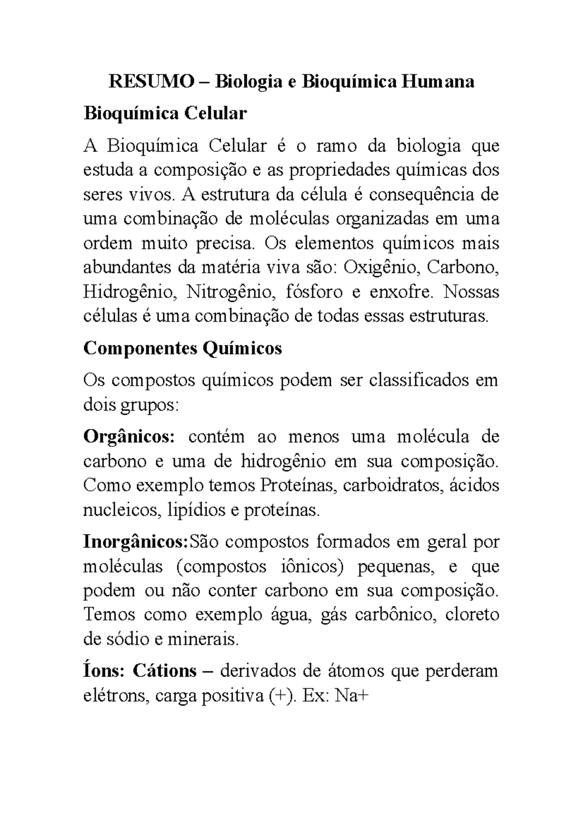 Resumo - Biologia e Bioqúimica Humana - RESUMO – Biologia e Bioquímica ...