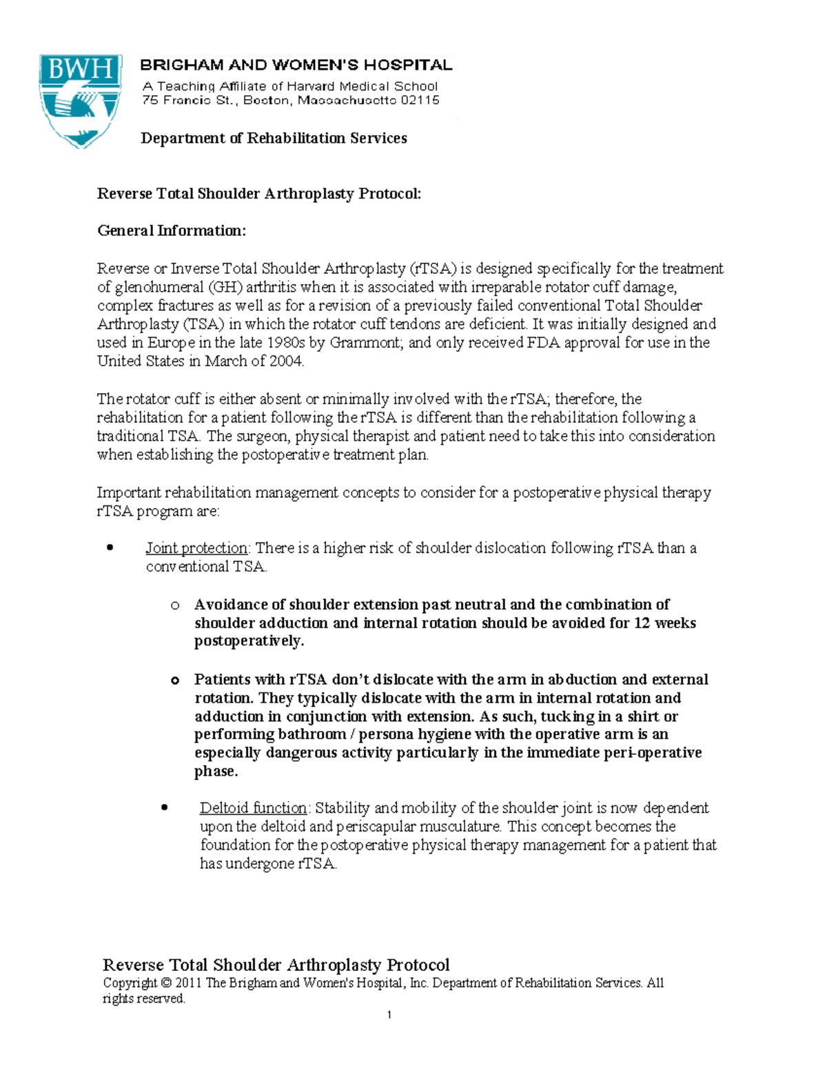 Shoulder Reverse TSA protocol 3 - Reverse Total Shoulder Arthroplasty Protocol Copyright © 2011 ...