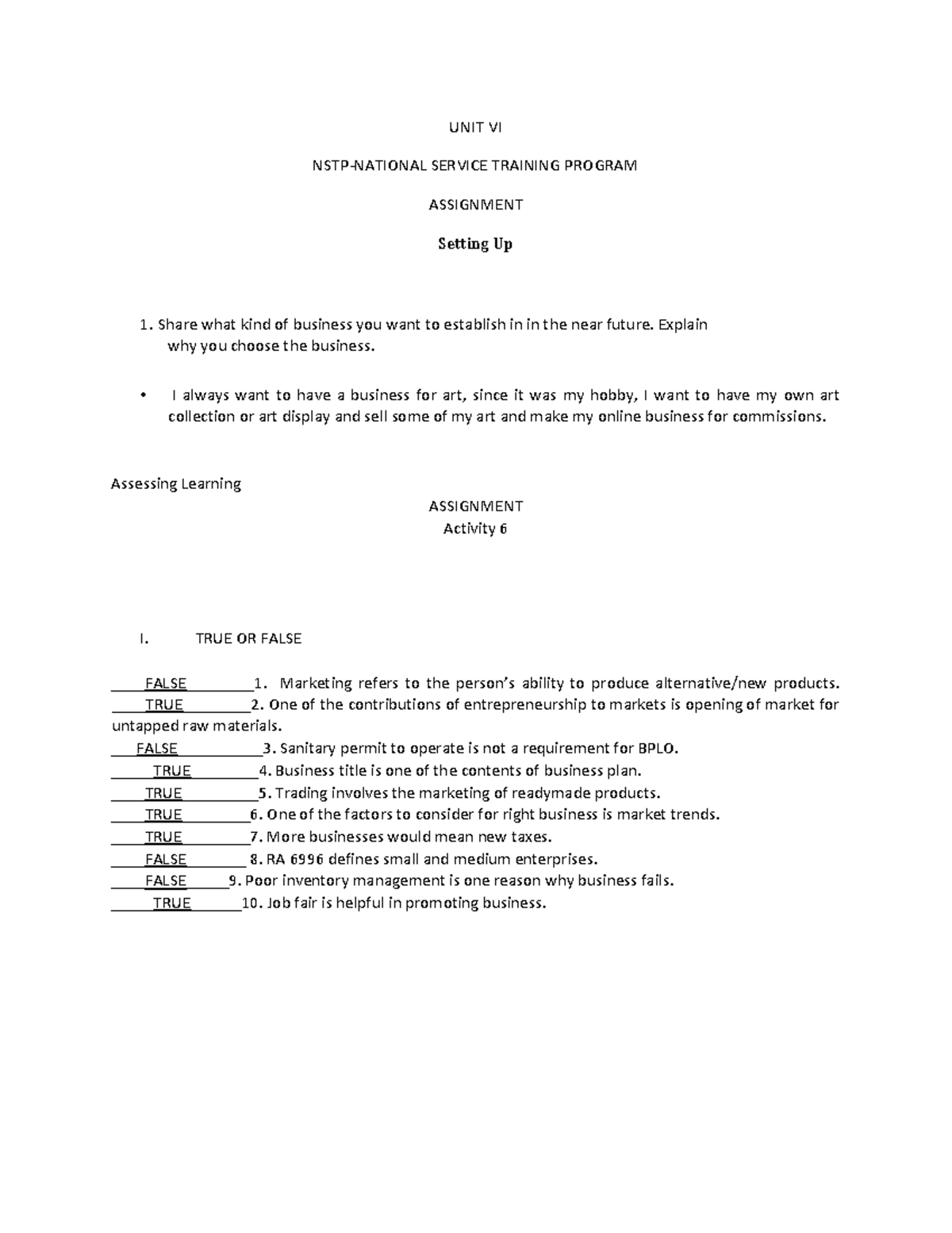 UNIT VI - UNIT VI NSTP-NATIONAL SERVICE TRAINING PROGRAM ASSIGNMENT ...