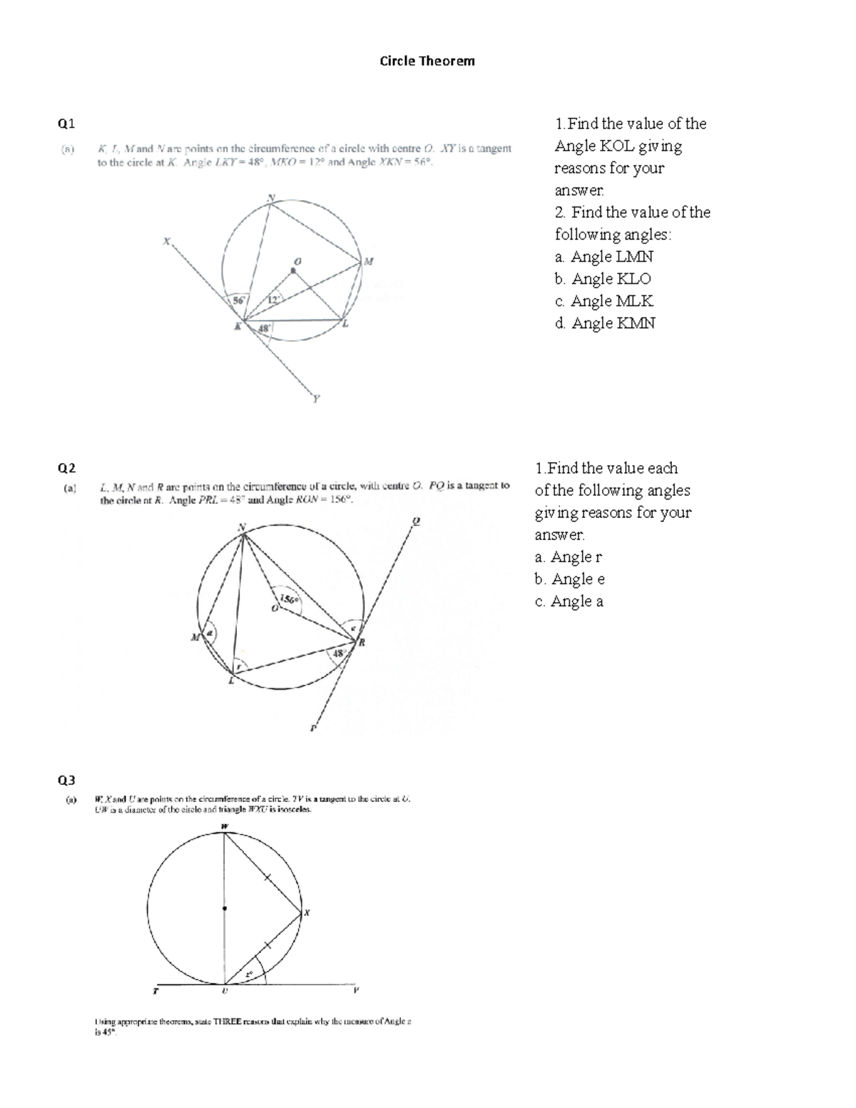 Geometry- Circle Theorem worksheet - Circle Theorem Q1 1 the value of the Angle KOL giving ...