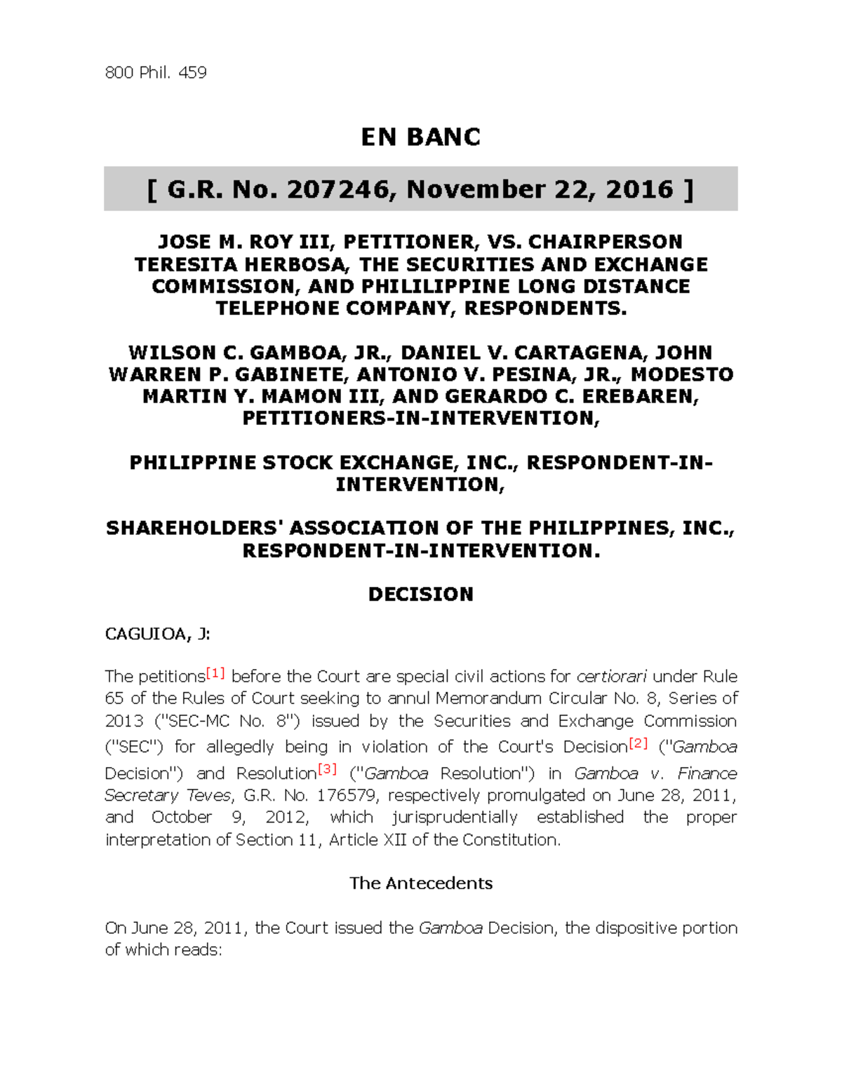Roy III vs. Herbosa - 800 Phil. 459 EN BANC [ G. No. 207246, November ...