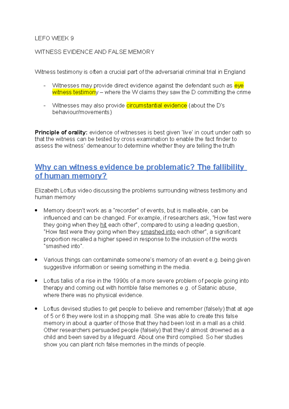 LEFO W9 (Witness Evidence) - LEFO WEEK 9 WITNESS EVIDENCE AND FALSE ...