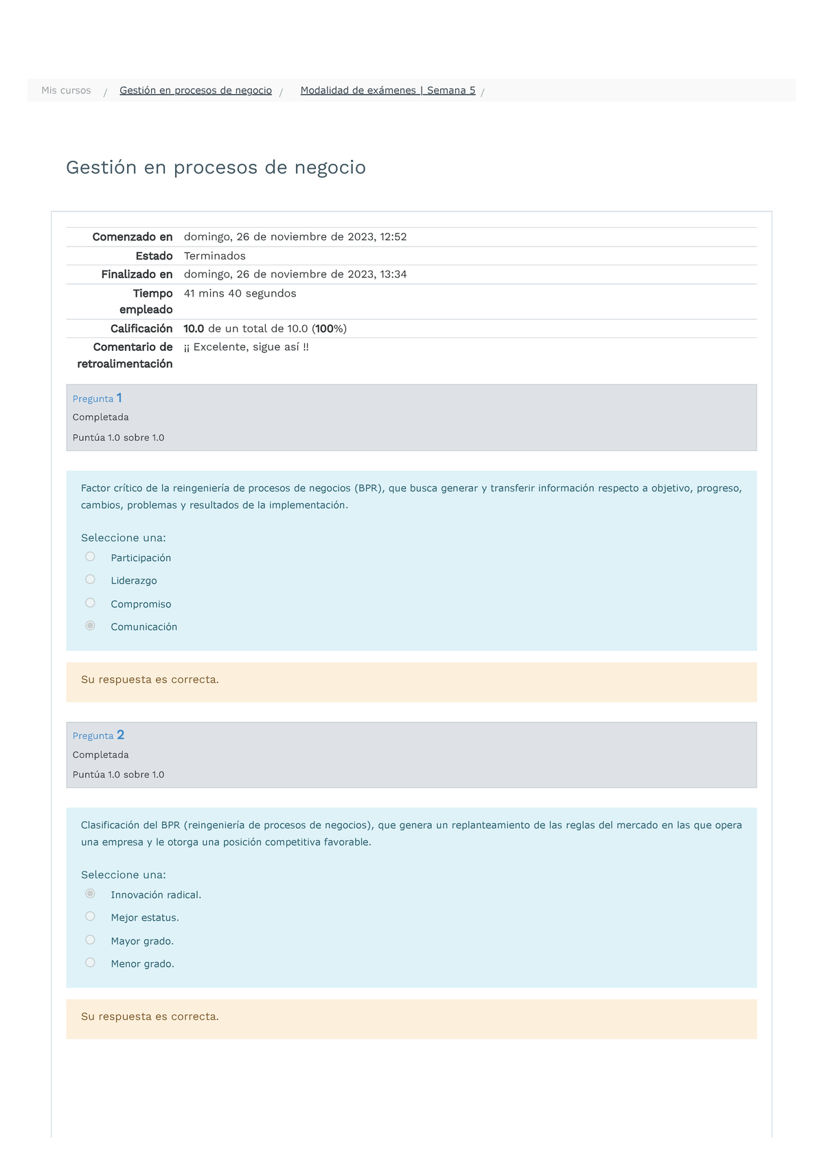 Modalidad de exámenes Semana 5 Revisión del intento - Gestión en procesos de negocio Comenzado ...