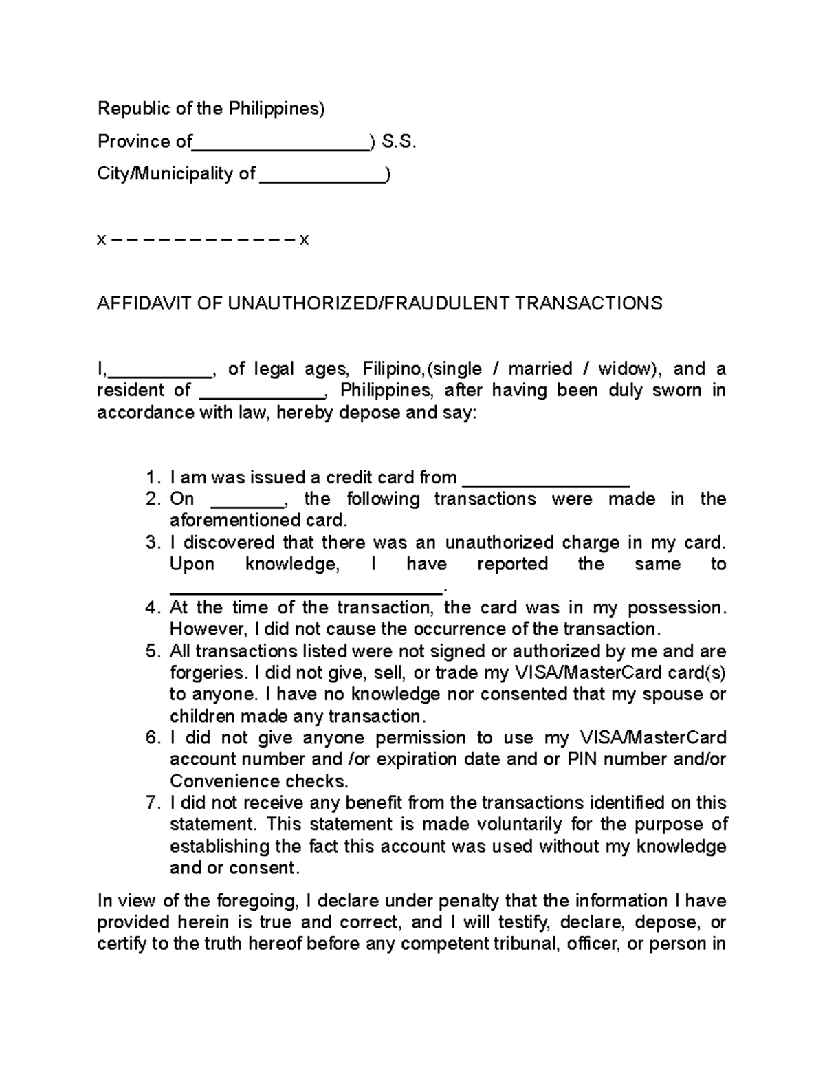 Unauthorized-Fraudulent - Republic of the Philippines) Province of ...