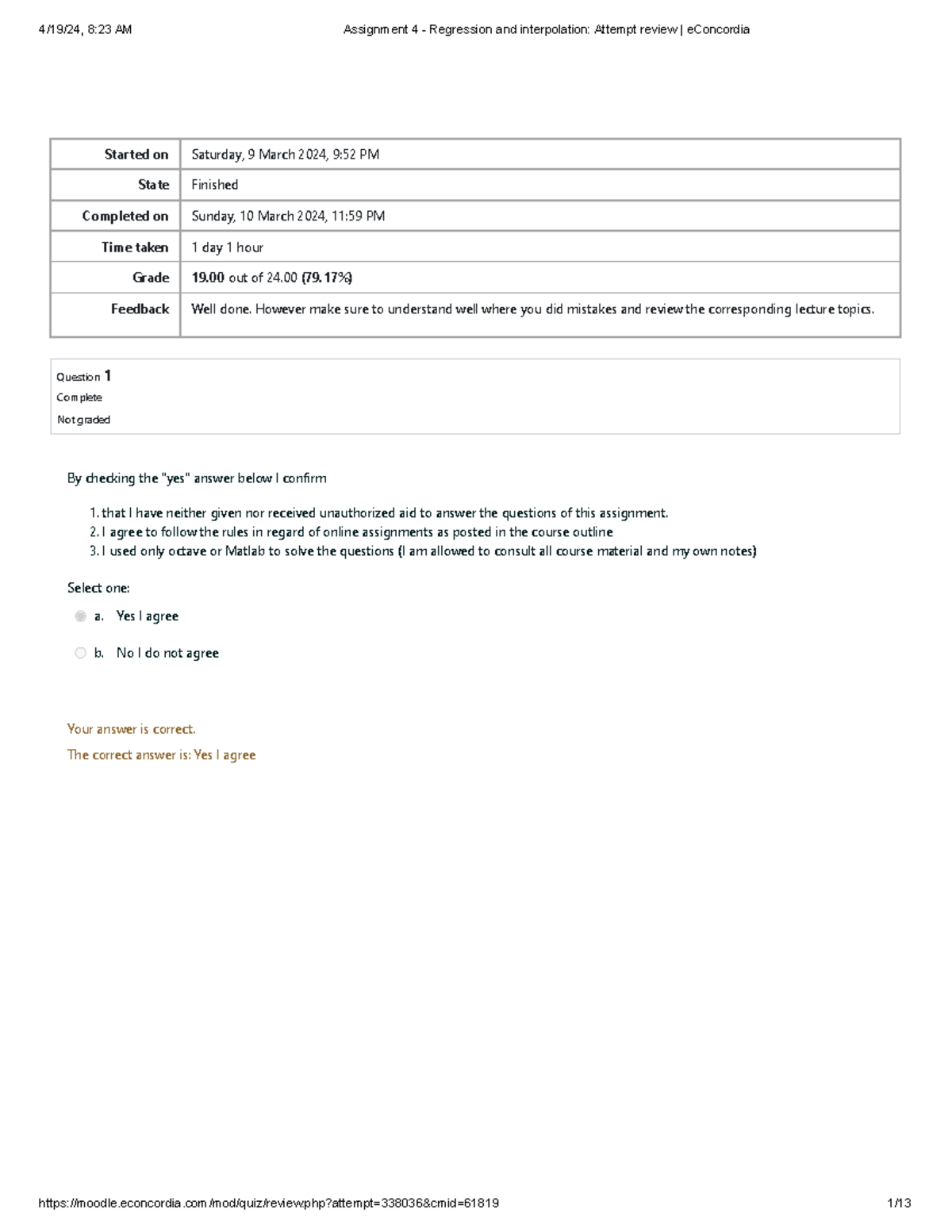 Numerical Methods in Engineering (ENGR 391) Assignment 4 - Started on Saturday, 9 March 2024, 9: ...