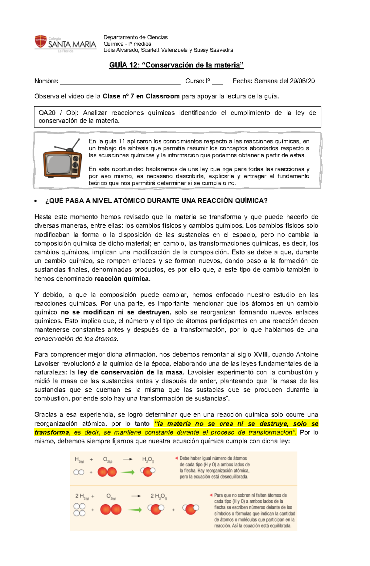 Conservacion DE LA Materia - Departamento de Ciencias Química - Iº ...
