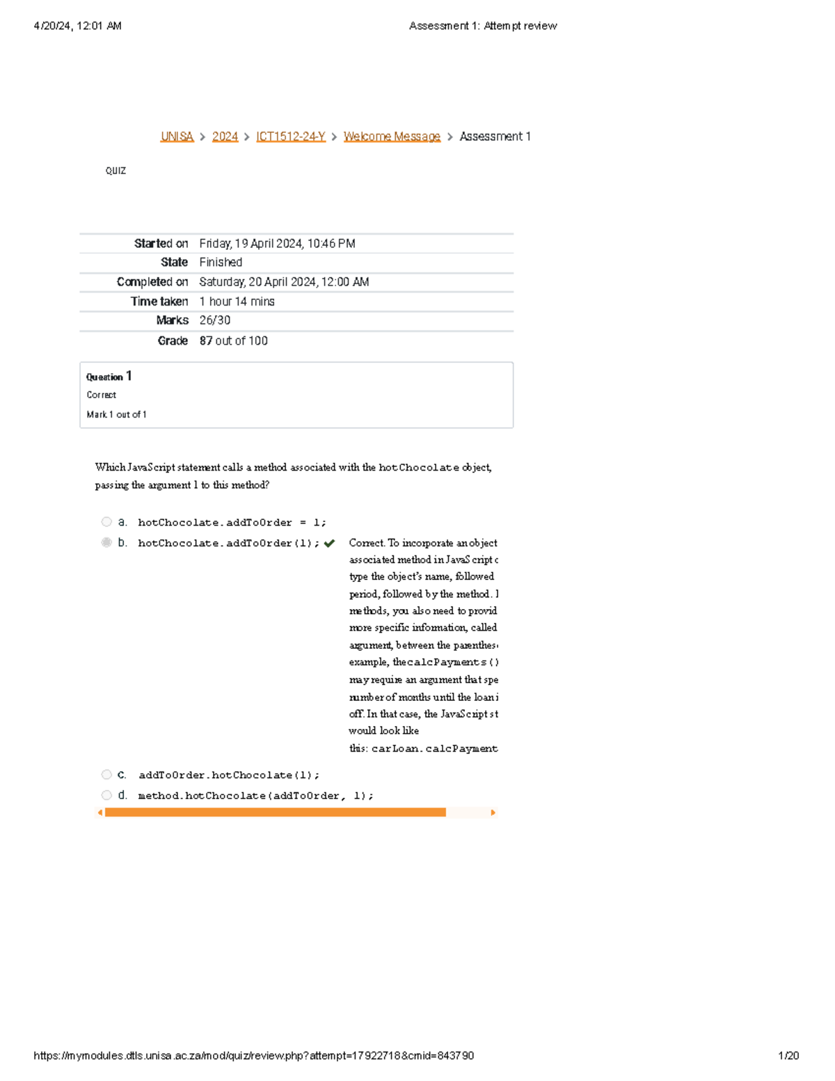 Assessment 1 Attempt review - UNISA 2024 ICT1512-24-Y Welcome Message Assessment 1 Started - Studocu