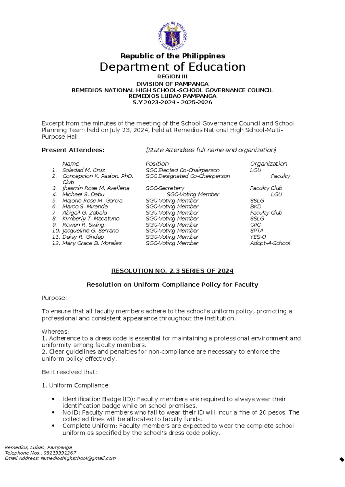 Resolution Uniform - For educational purposes - Republic of the ...