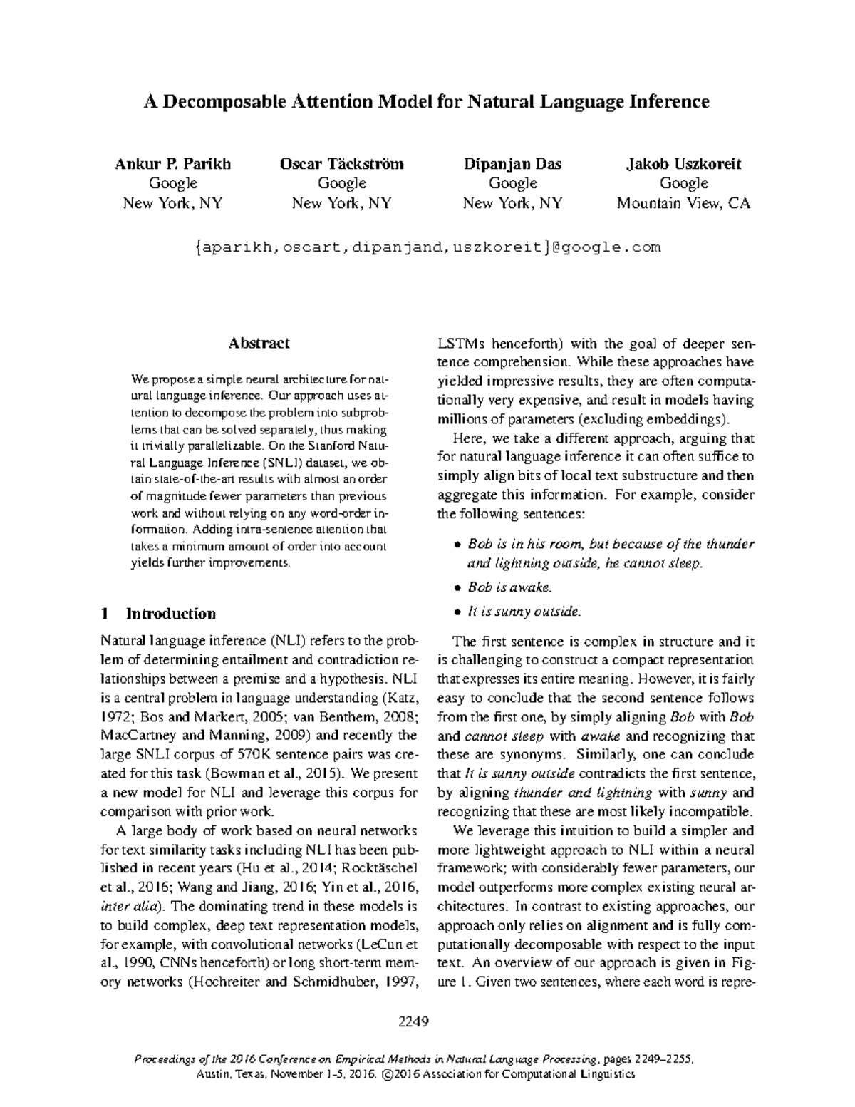 A Decomposable Attention Model for Natural Language Inference - Proceedings of the 2016 ...