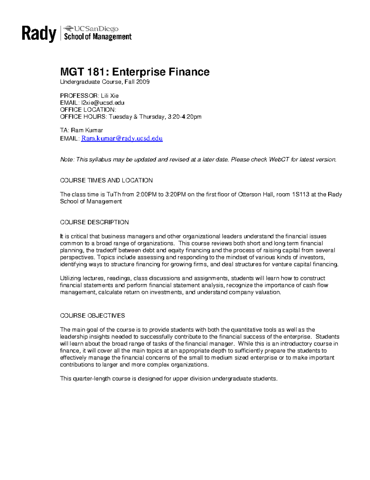 Mgt 181 syllabus - MGT 181: Enterprise Finance Undergraduate Course ...