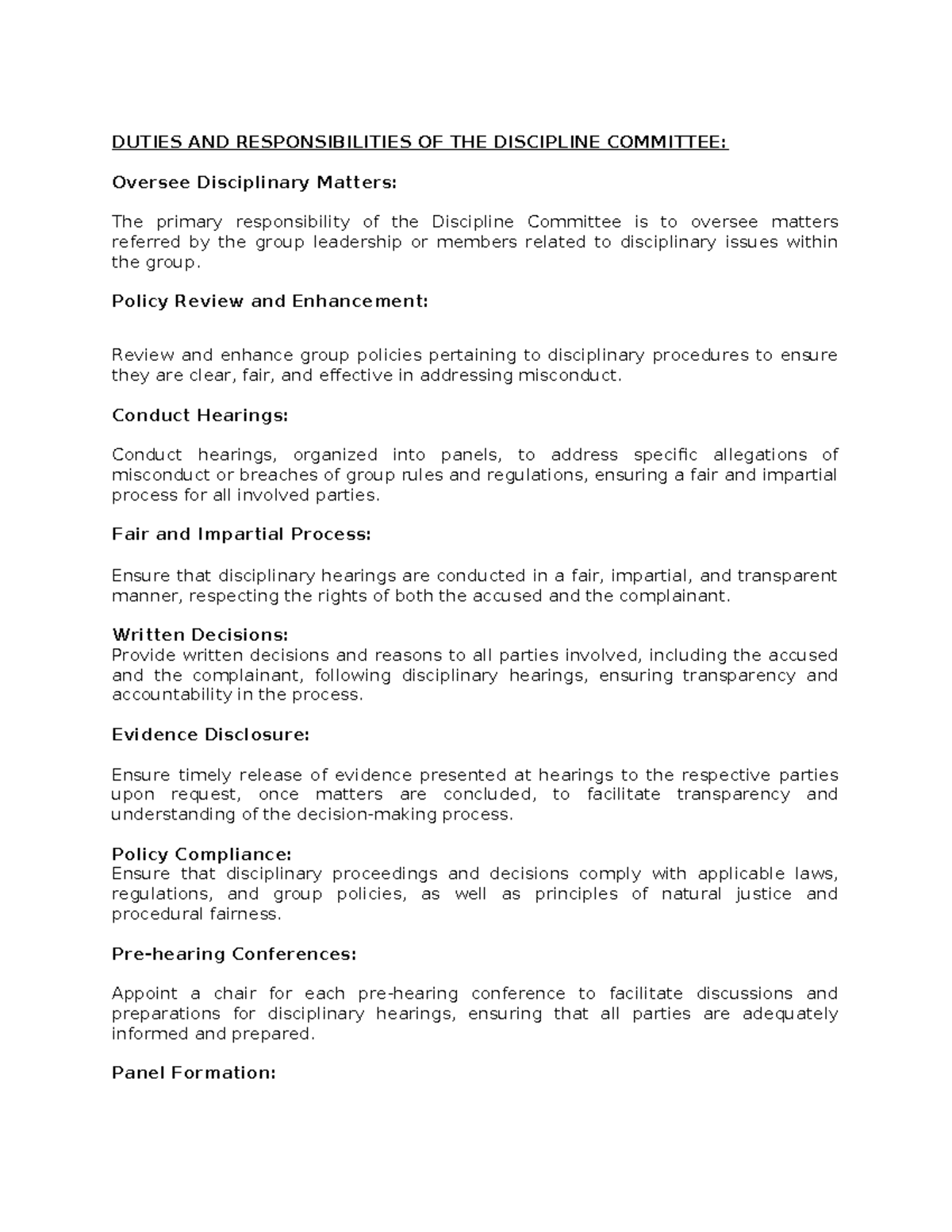 Duties AND Responsibilities OF THE Discipline Committee - DUTIES AND ...