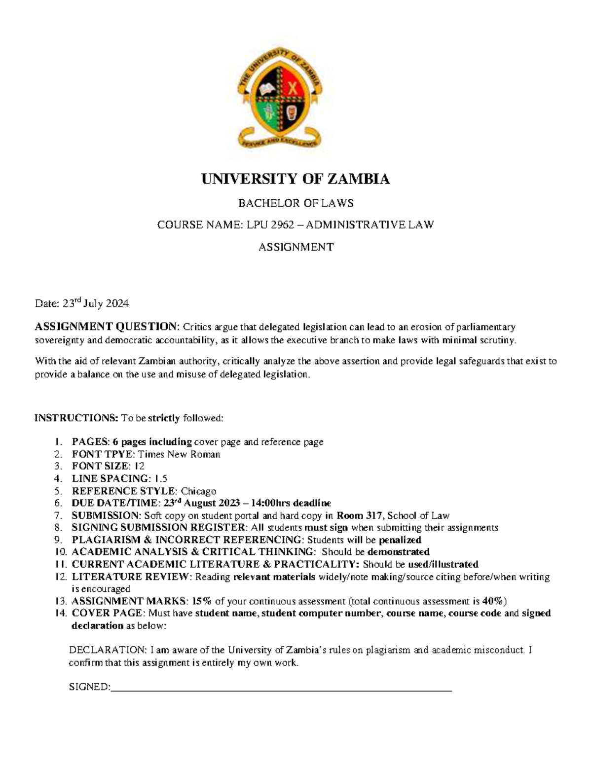 Admin Question Assignment - UNIVERSITY OF ZAMBIA BACHELOR OF LAWS ...