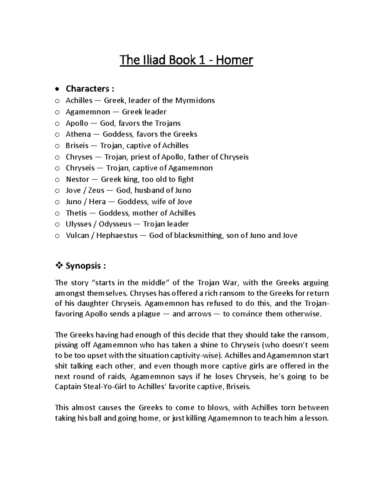 The Iliad book 1 - MCQs - The Iliad Book 1 - Homer Characters : o ...