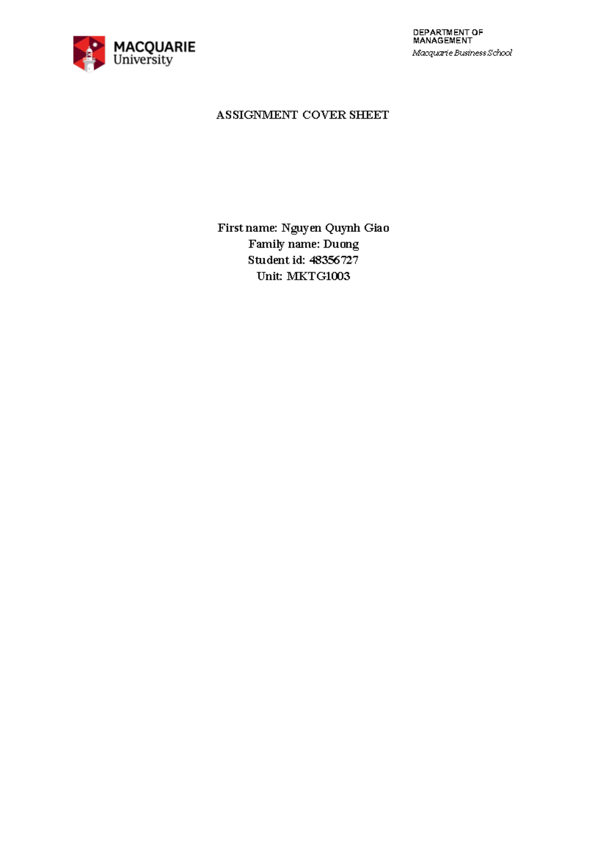 ASSIGNMENT MKTG1003 - MANAGEMENT Macquarie Business School ASSIGNMENT ...