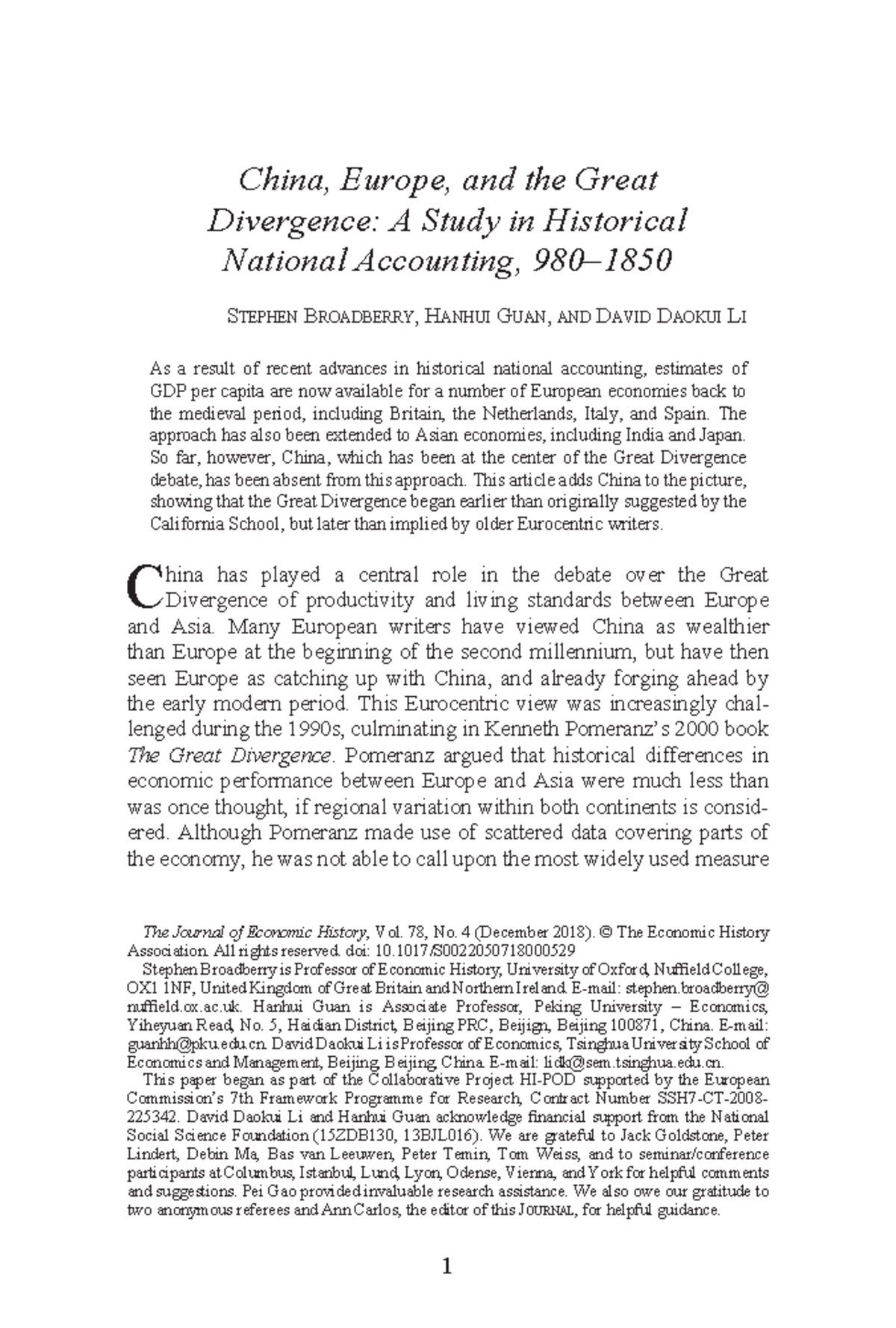 China Europe And Great Divergence 980-1850 Pub Version - 1 The Journal ...