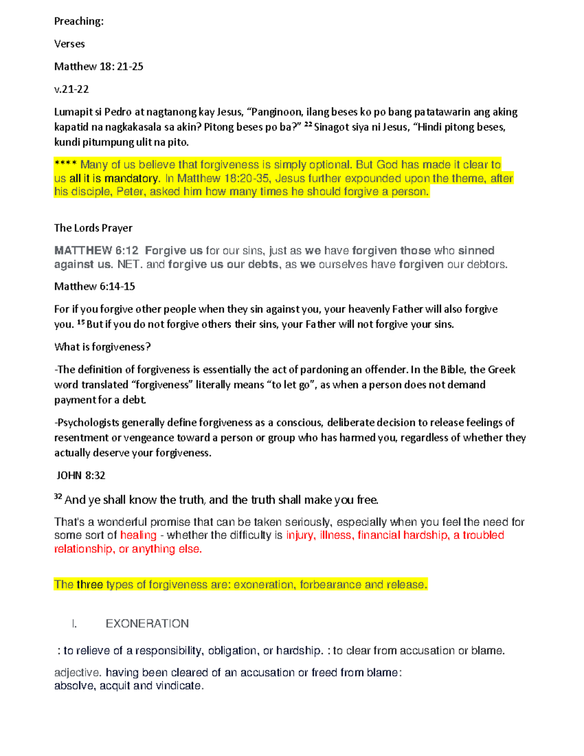 Forgiveness - Sample upload for Studocu - Preaching: Verses Matthew 18: ...
