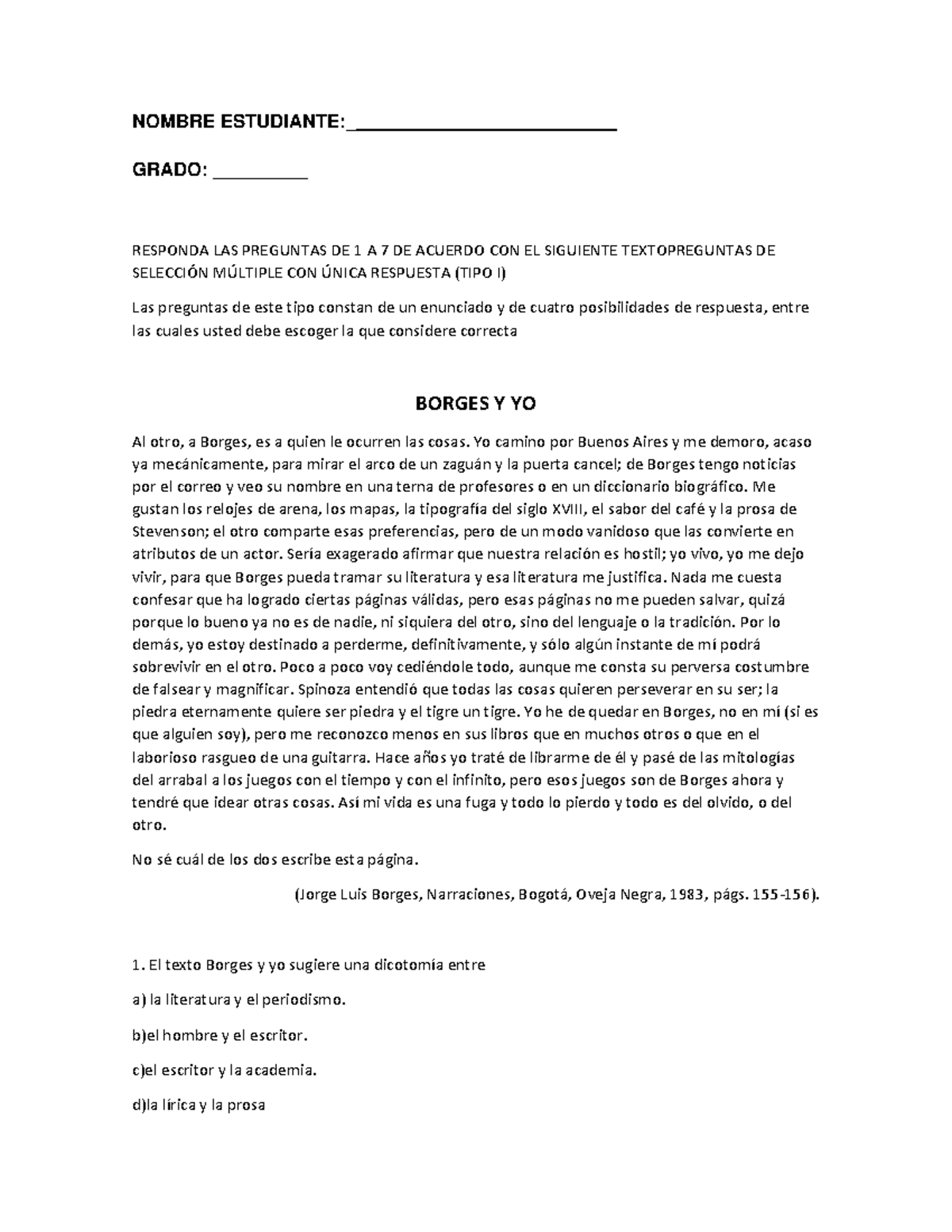 Borges Y YO 2024 - biorges y yo - NOMBRE ESTUDIANTE ...