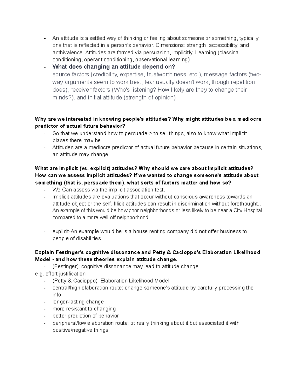 final exam prep notes - An attitude is a settled way of thinking or ...