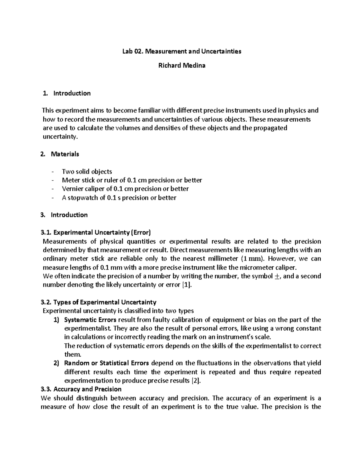 Lab 02 - Measurement and Uncertainties - Lab 02. Measurement and ...