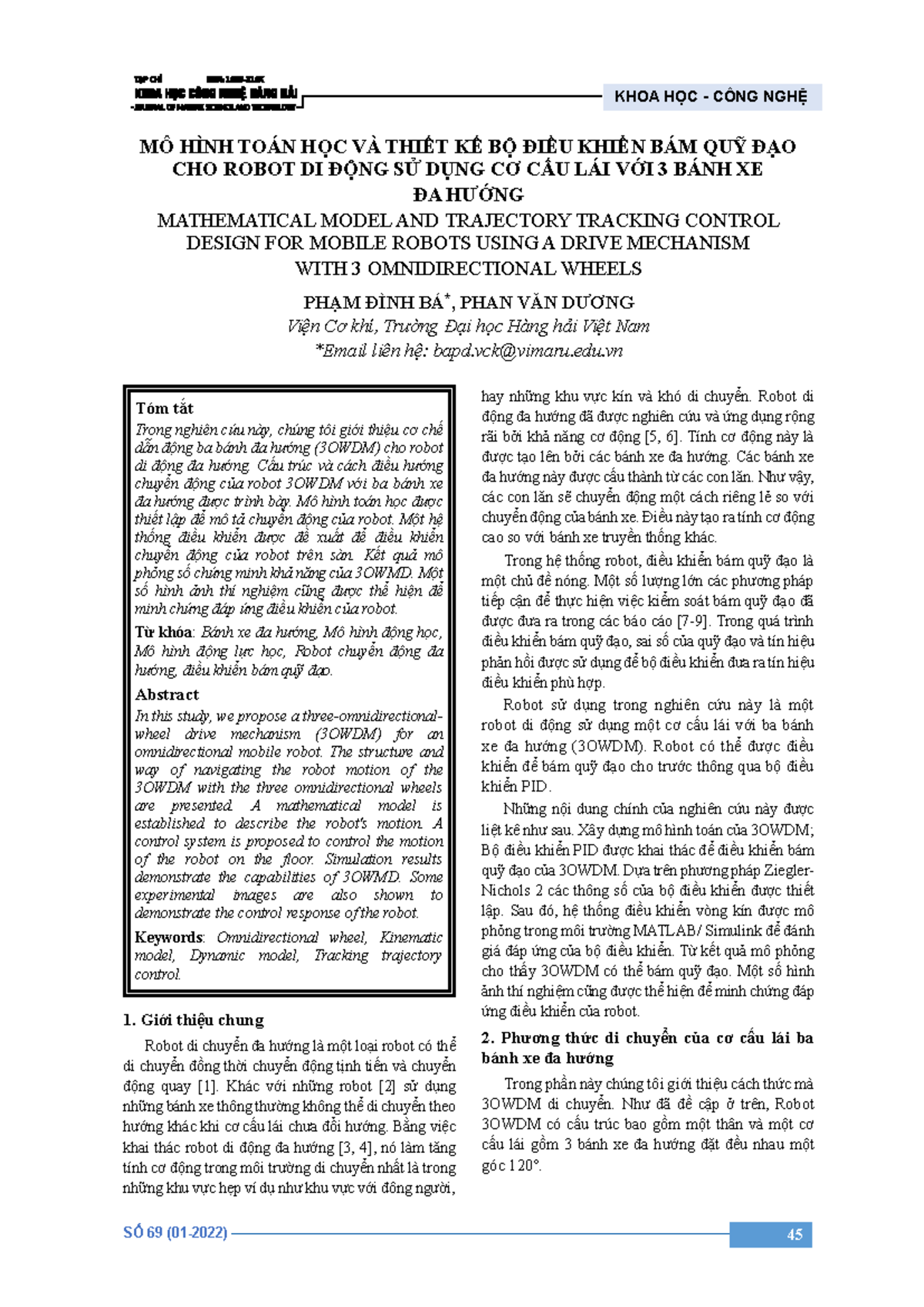 Mathematical Model And Trajectory Tracking Control Design For Mobile Robots SỐ 69 01 2022