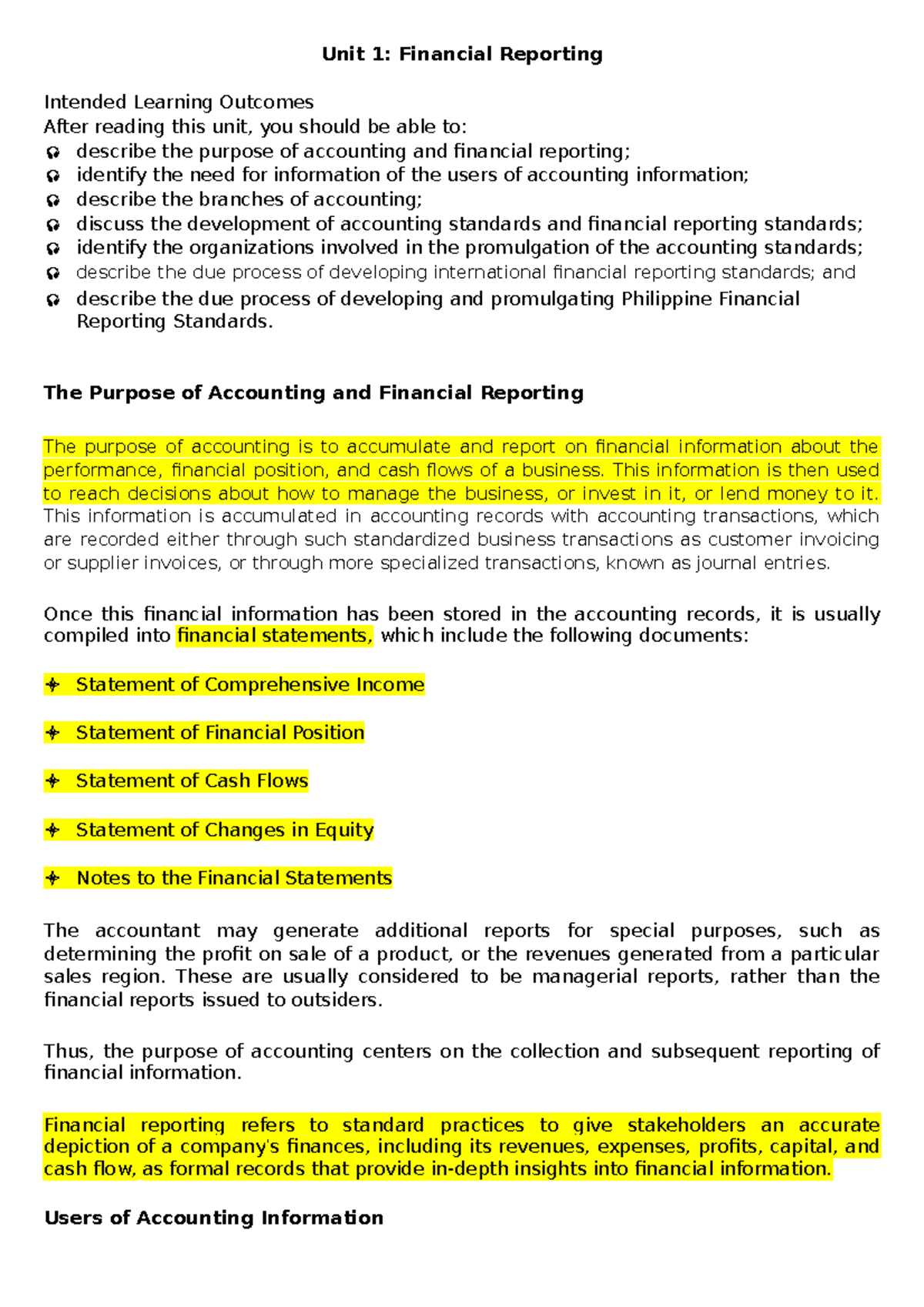 Unit 1 Financial Reporting - Unit 1: Financial Reporting Intended ...