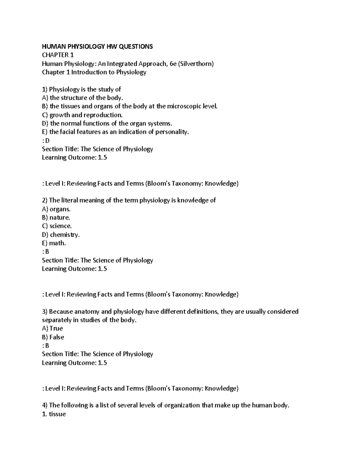 Human Physiology HW Questions - HUMAN PHYSIOLOGY HW QUESTIONS CHAPTER 1 ...