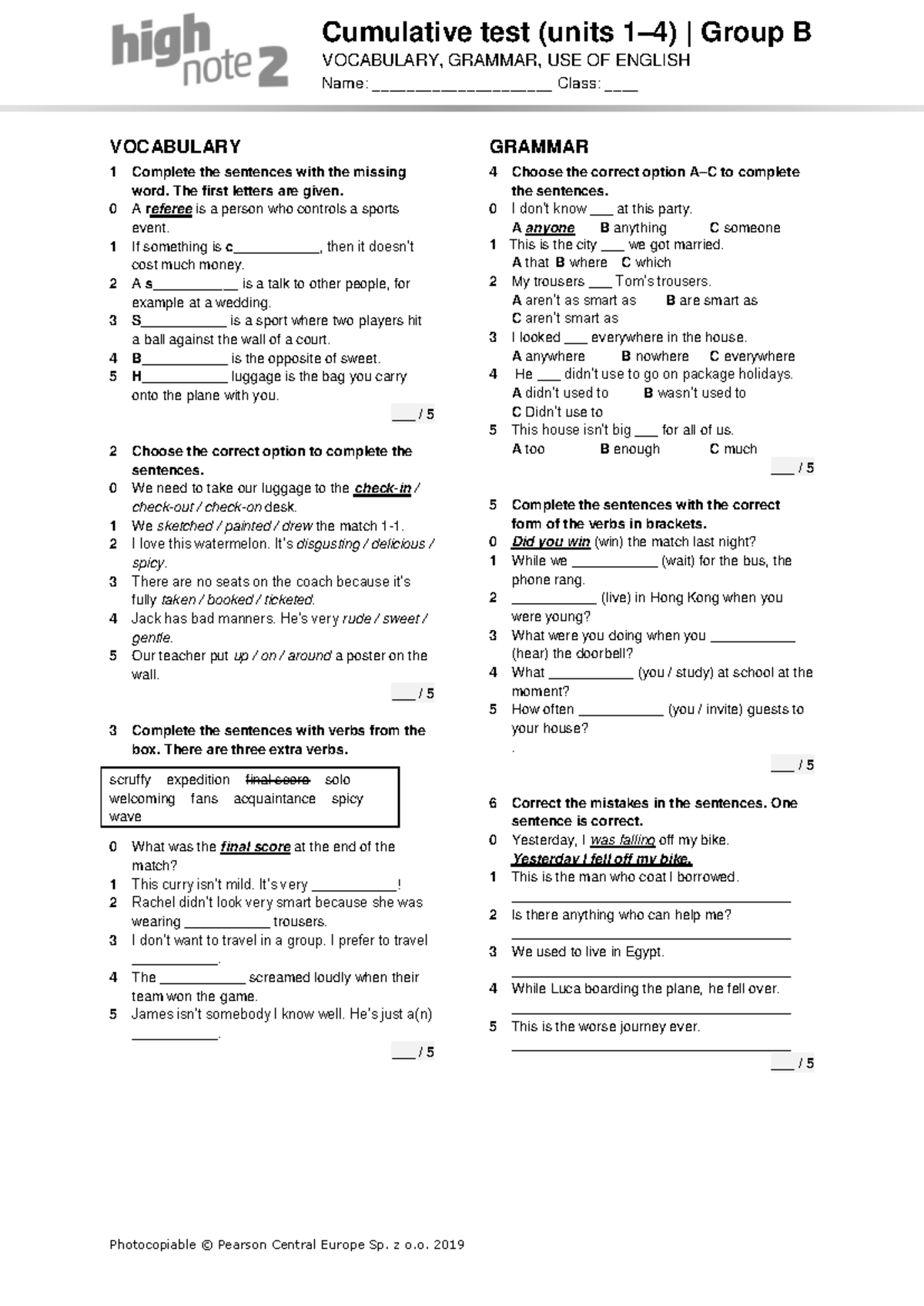 High Note 2 U1-4 Cumulative Test B - Cumulative test (units 1 – 4 ...