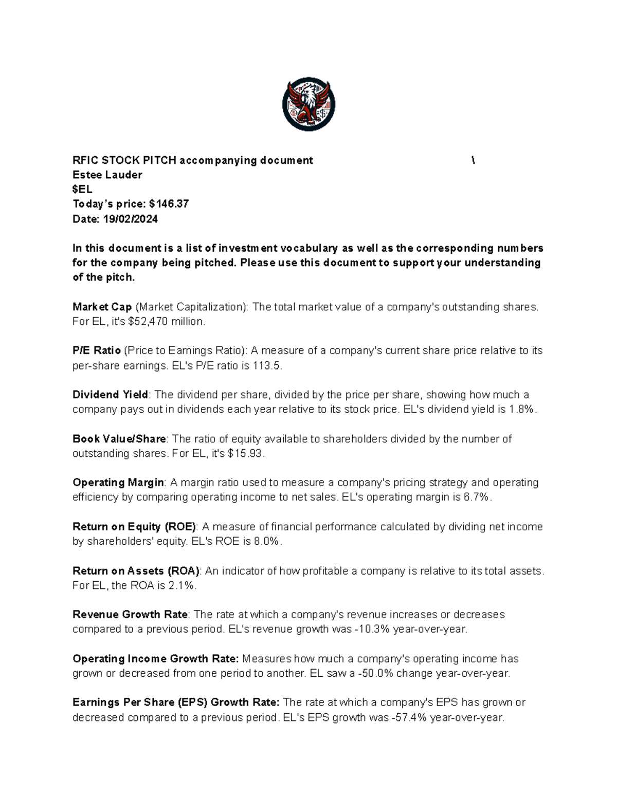 EL Stock Pitch glossary - RFIC STOCK PITCH accompanying document Estee ...
