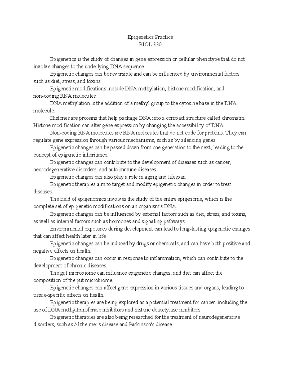 Epigenetics practice materials - Epigenetics Practice BIOL 330 ...