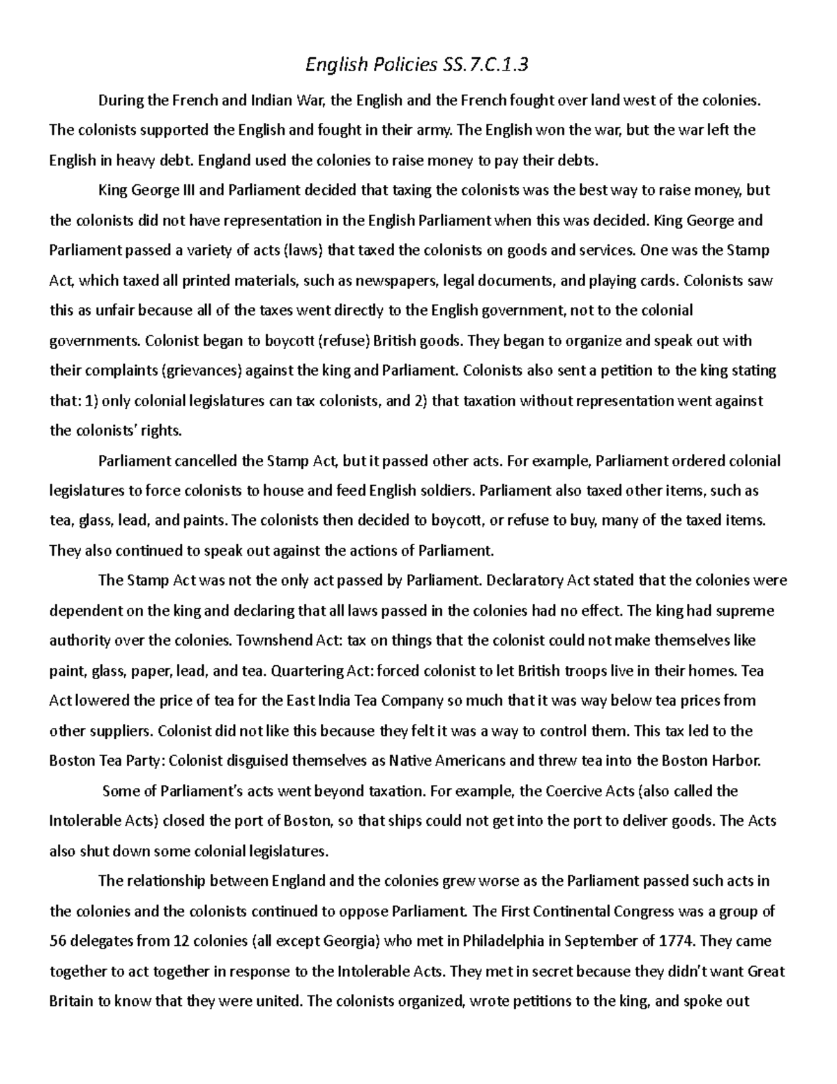 Week 8-English Policies article - English Policies SS.7.C. During the ...