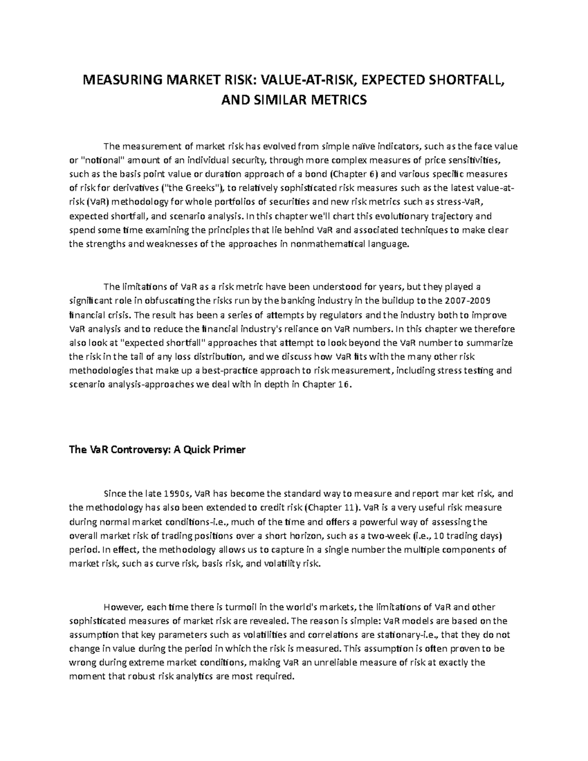 Measuring Market RISK- Value-AT-RISK, Expected Shortfall, AND Similar ...