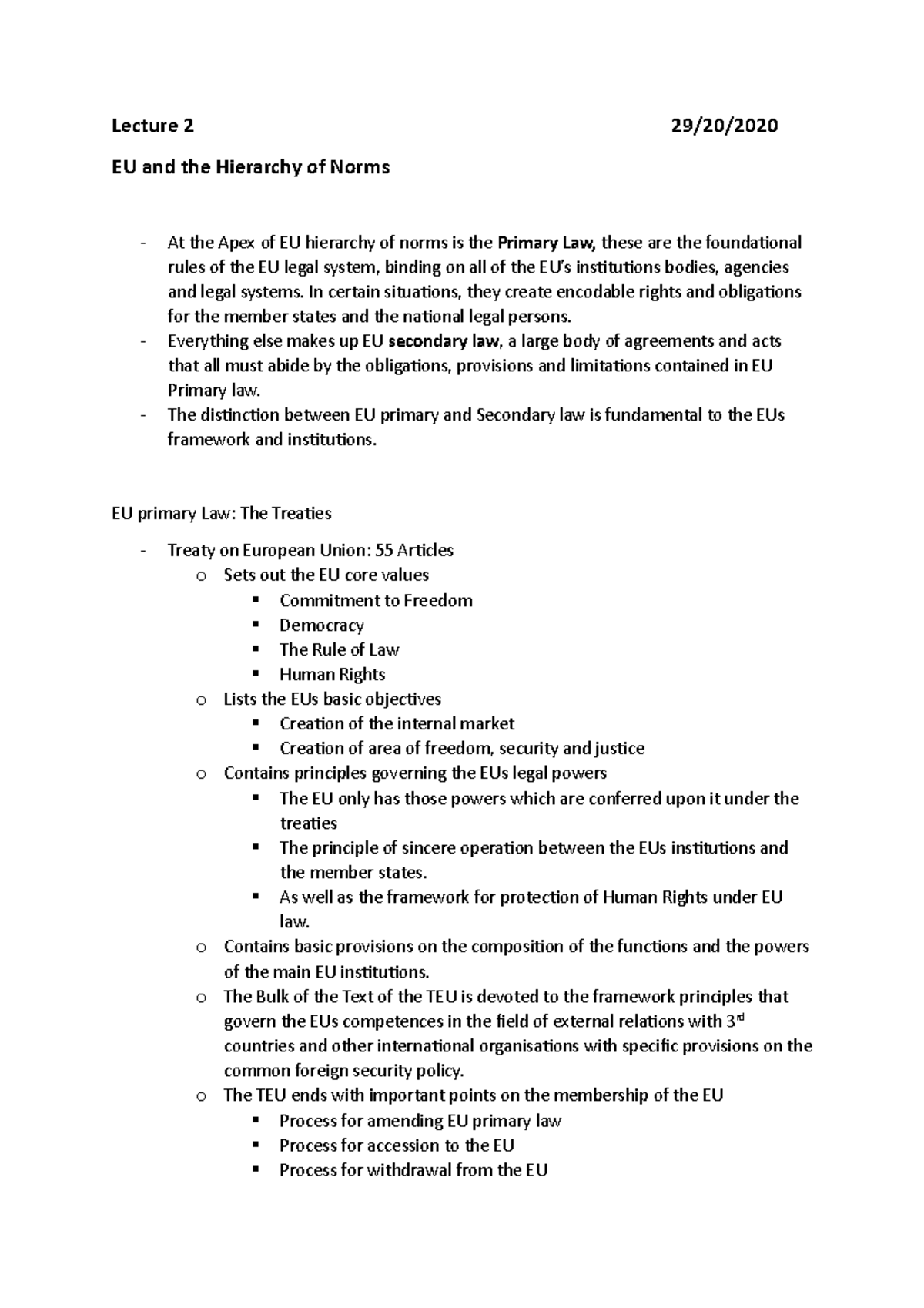 Lecture 2 - The Hierachy of Norms - Lecture 2 29/20/ EU and the ...