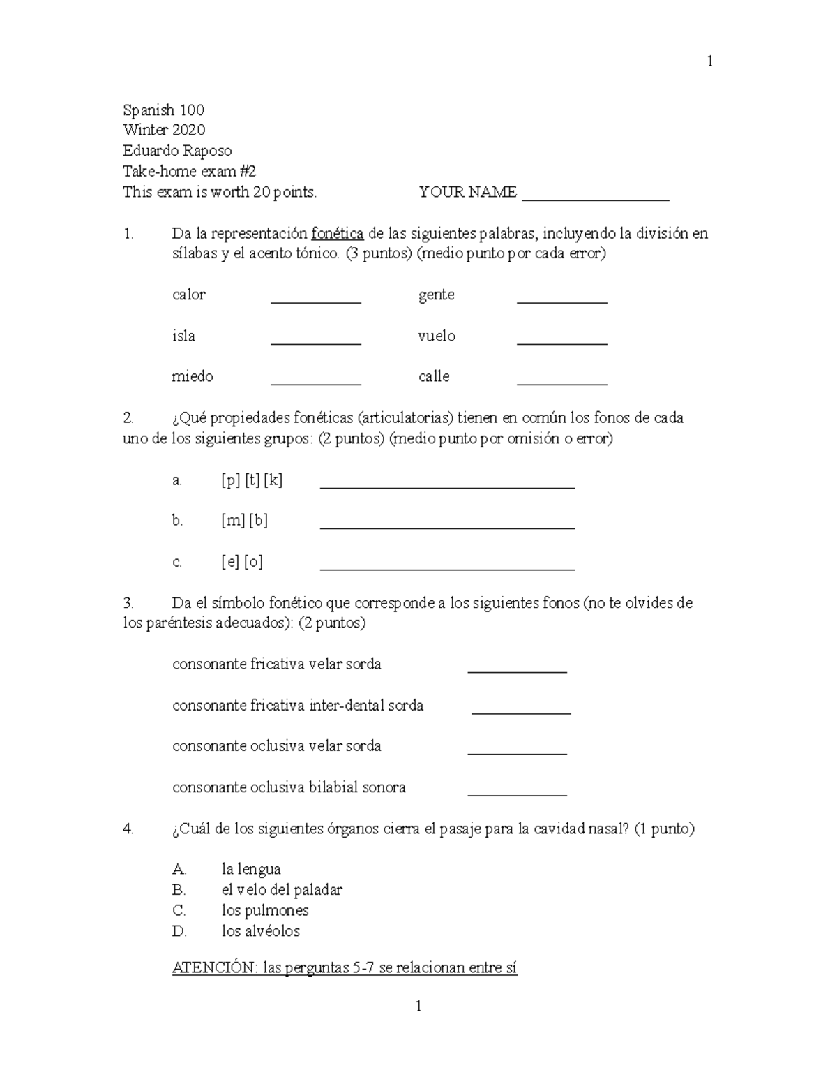 Spanish 100 exam #2 - 1 Spanish 100 Winter 2020 Eduardo Raposo Take ...