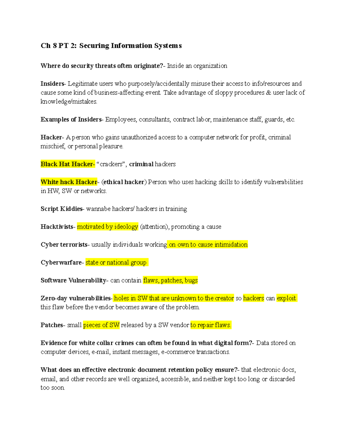 Securing Information Systems: Threats Policies and Controls - Studocu