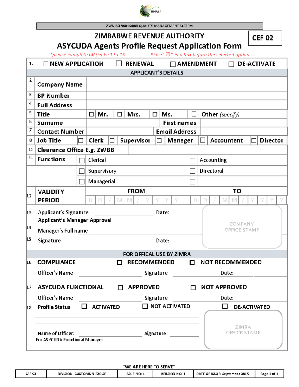FORM CEF 02 Asycuda Agents Profile Request Application FORM - ZWS ISO ...