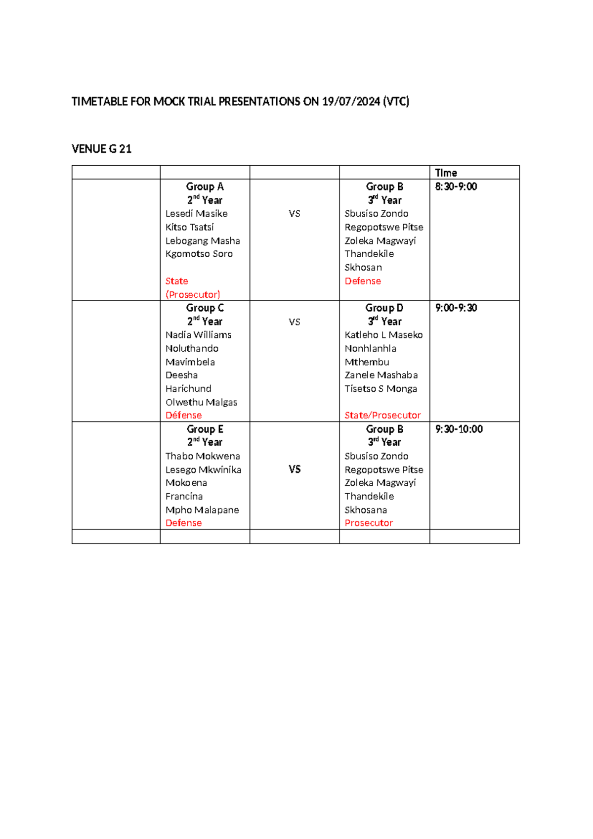 Timetable FOR MOCK Trial Presentations ON 19 07 2024 VTC - TIMETABLE ...