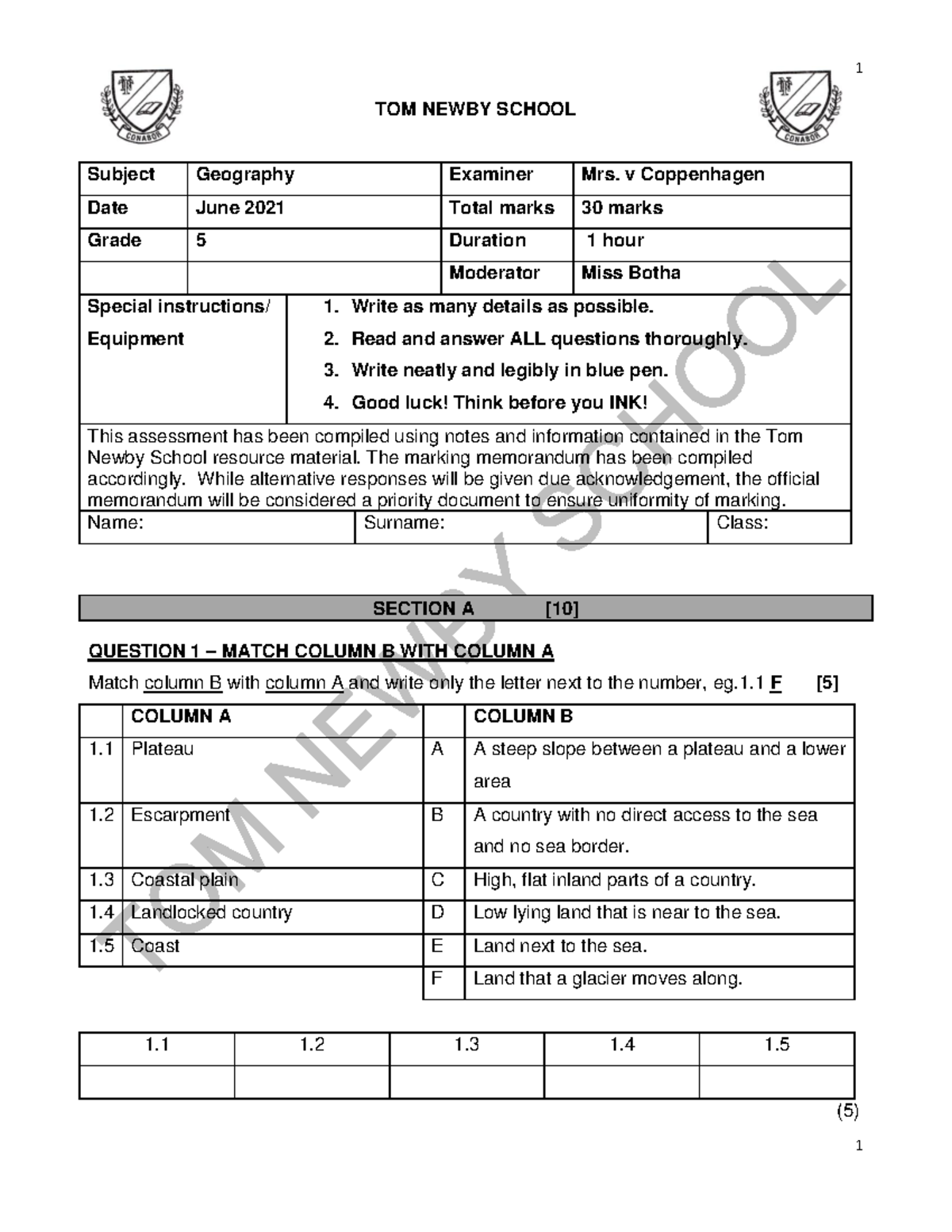 Grade 5 Geography Exam June 2021 - TOM NEWBY SCHOOL Subject Geography ...