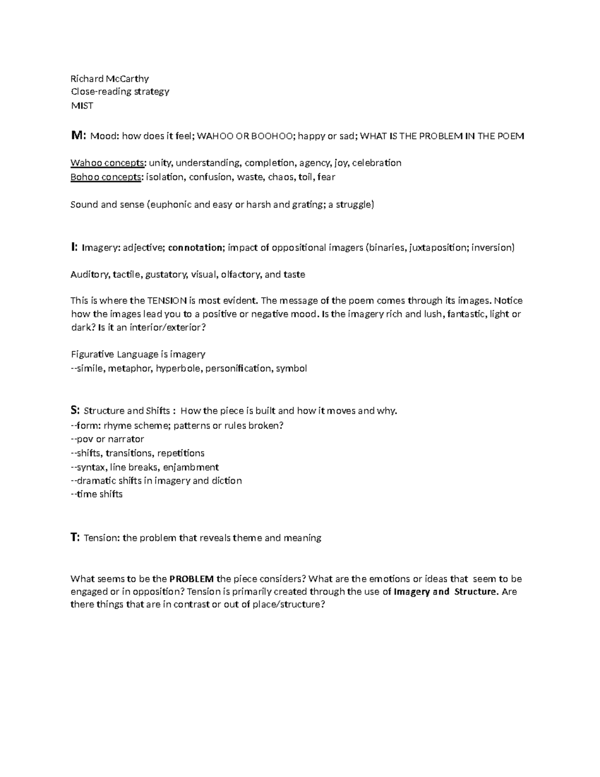 AP Lit MIST - Homework - Richard McCarthy Close-reading strategy MIST M ...