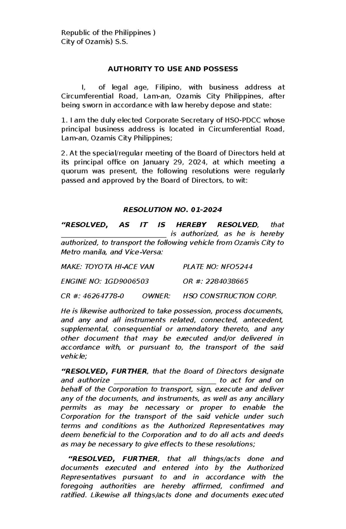 Authority to use LTO - Affidavit to use. New Law - Republic of the ...
