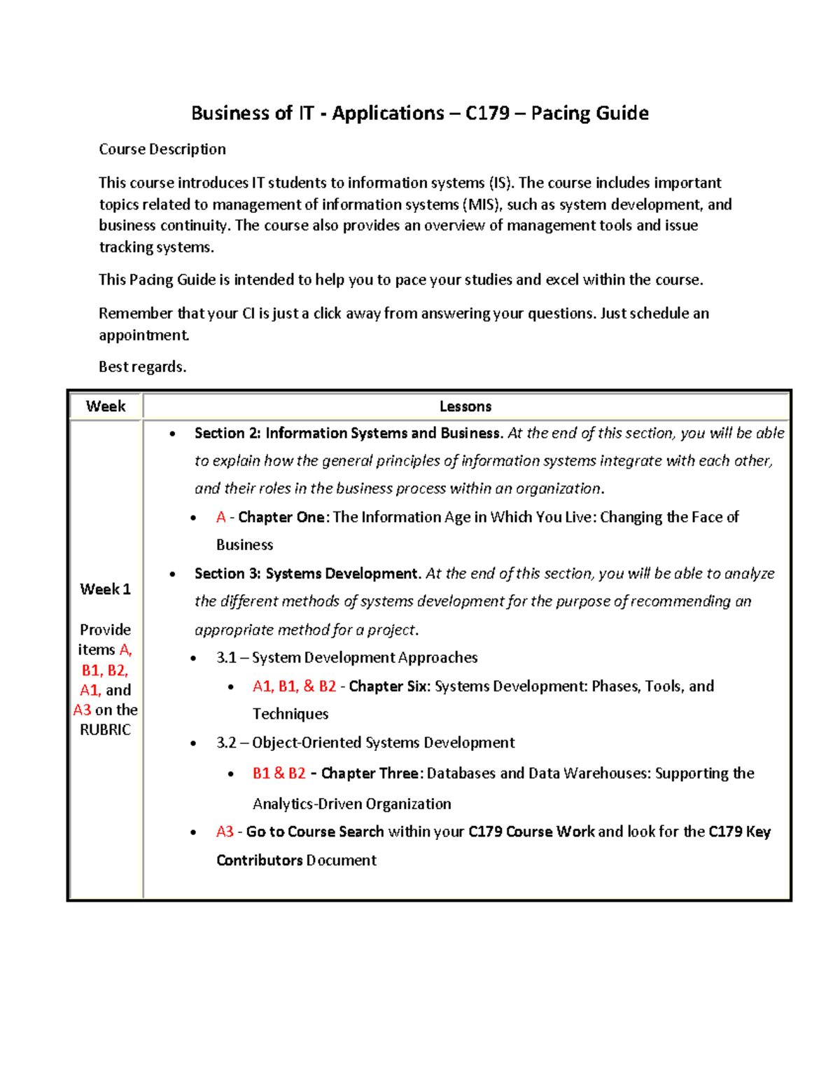 C179 Pacing Guide - Business of IT - Applications – C179 – Pacing Guide ...